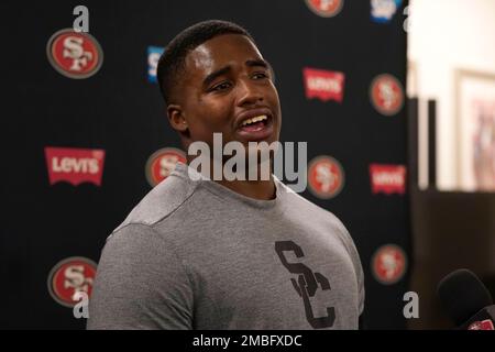 San Francisco 49ers' Drake Jackson, middle, takes part during the NFL ...