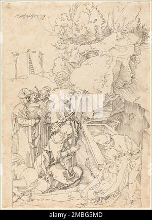 The entombment of Christ, the crosses on Calvary visble in left ...