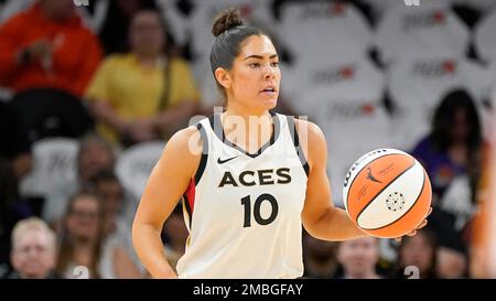 Las Vegas Aces' Kelsey Plum dribbles against the Seattle Storm in the ...