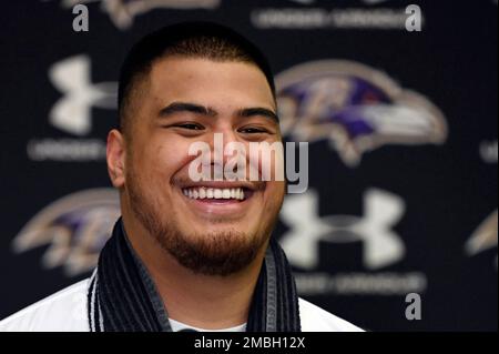 Baltimore Ravens tackle Daniel Faalele works out during the team's NFL ...