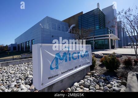 A sign marks the entrance of the Micron Technology automotive chip ...