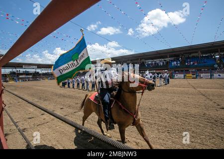 An Angola Prison inmate parades with a "psalm one" flag while rodeo ...