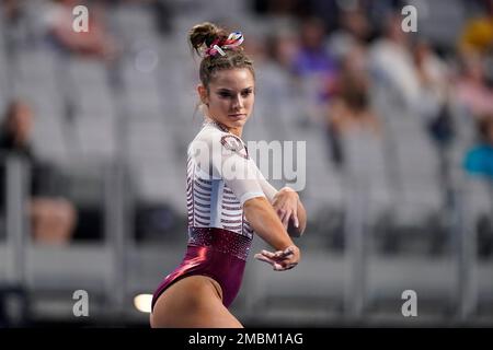 Oklahoma's Jordan Bowers competes on the floor exercise during the NCAA ...