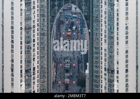 Wenzhou, China - January 20, 2023: Aerial view of people in a Chinese ...