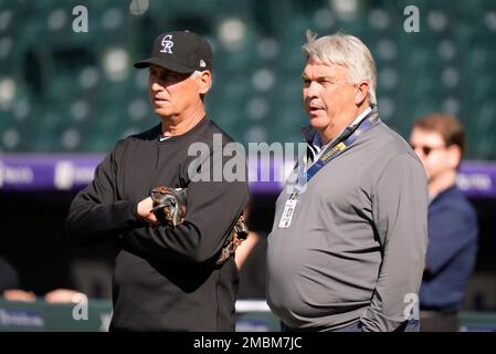 Colorado Rockies general manager Bill Schmidt talks with reporters as ...