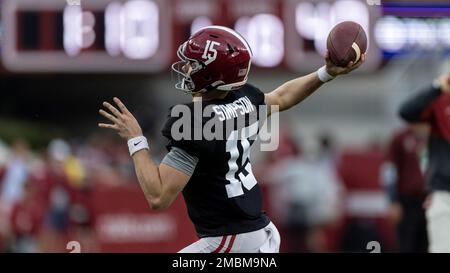 Alabama quarterback Ty Simpson (15) at an NCAA college football game ...