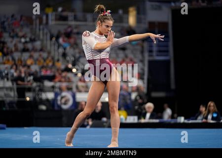 Oklahoma's Jordan Bowers competes on the floor exercise during the NCAA ...