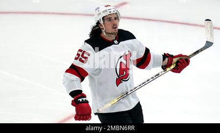 New Jersey Devils defenseman Mason Geertsen (55) during an NHL hockey ...