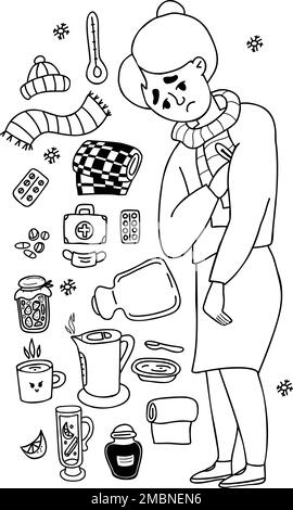 Sick sad pensioner woman with thermometer. Vector illustration. Outline ...