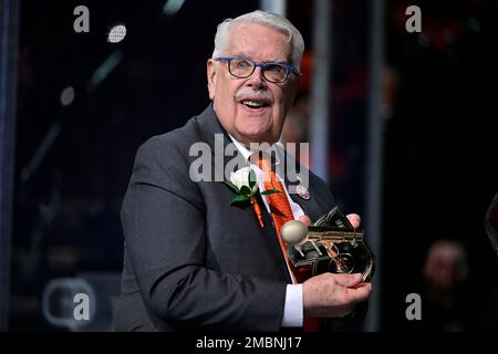 Philadelphia Flyers public address announcer Lou Nolan is honored prior ...