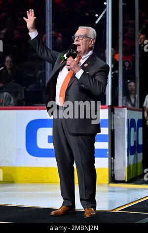 Philadelphia Flyers public address announcer Lou Nolan is honored prior ...