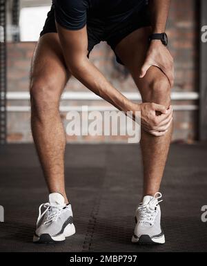 Knee, legs and joint pain of gym man, athlete and training, workout or ...