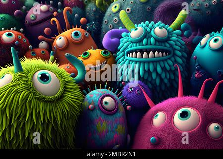 Surreal colorful fluffy creatures monsters, many toothy and big-eyed ...