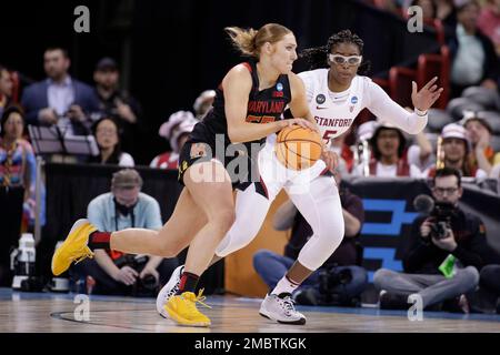Maryland forward Chloe Bibby, left, and Stanford guard Haley Jones vie ...