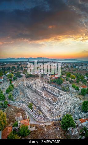 Drone view over Temple of Apollo in Didyma Ancient City at sunrise in ...