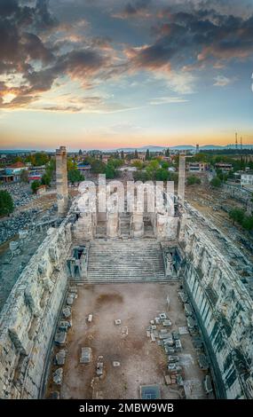 Drone view over Temple of Apollo in Didyma Ancient City at sunrise in ...