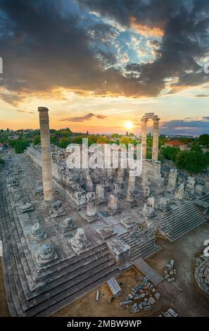 Drone view over Temple of Apollo in Didyma Ancient City at sunrise in ...