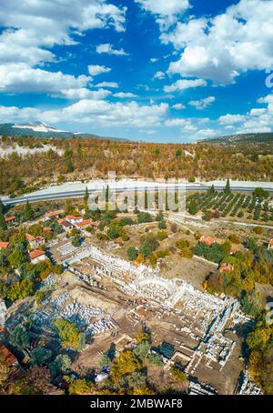 Drone view over Stratonikeia Ancient City in Eskihisar, Mugla, Turkey ...