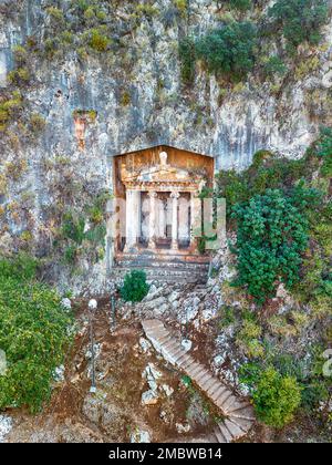 Drone view over Amyntas Rock Tombs at ancient Telmessos, in Lycia. Now ...