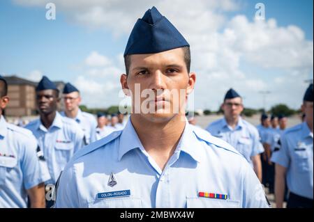 A U.S. Space Force Guardian stands in formation during a basic military ...