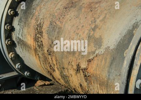 Pipe is installed along the bridge on the pipe support. Water steel ...