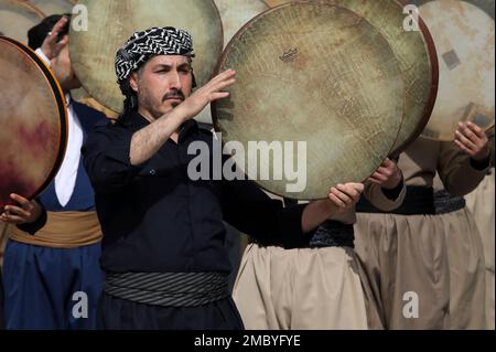 Musicians from the Kurdish western region of Iran play Daf, a hand-held ...