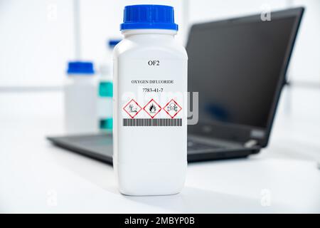 OF2 oxygen difluoride CAS 7783-41-7 chemical substance in white plastic ...