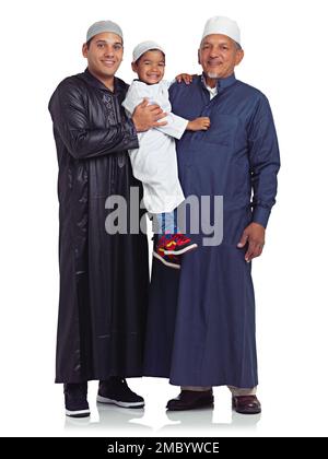 Muslim old man, studio portrait and islamic culture standing isolated ...
