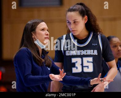 Columbia head coach Megan Griffith talks with guard Kitty Henderson (10 ...