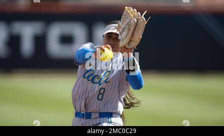 UCLA starting pitcher Megan Faraimo (8) delivers a pitch during an NCAA ...