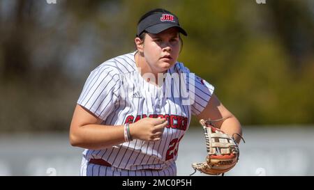 Jacksonville State's Holly Stewart (23) reacts after hitting a home run ...