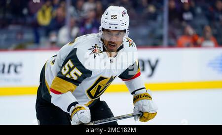 Vegas Golden Knights' Keegan Kolesar (55) controls the puck against the ...