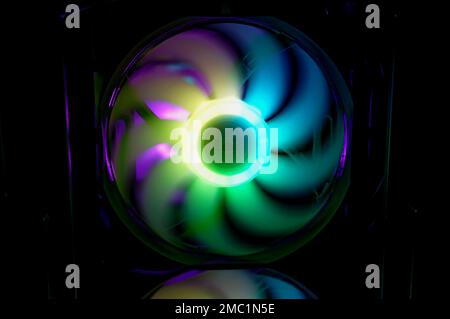 Computer cooler with RGB LED light. Computer circuit board and CPU ...