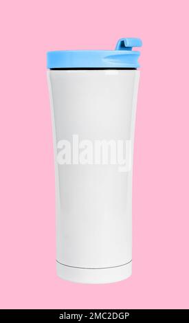 Blue insulated stainless steel tumbler with straw and handle isolated ...