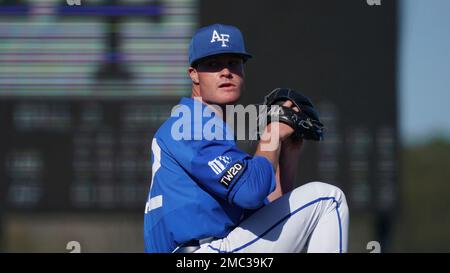 Air Force pitcher Kyle Moats follows through on his delivery during an ...
