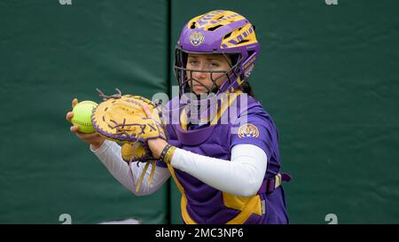 LSU catcher Morgan Cummins (26) celebrates a double play to end the ...