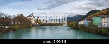 Fussen Skyline with Lech River, St. Mang Basilica and Allgau Alps ...
