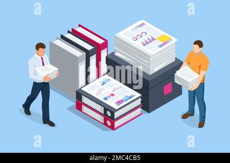Isometric stacks of paperwork and files in the office, bureaucracy ...
