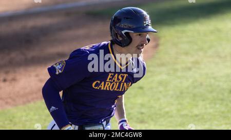 East Carolina's Jacob Jenkins-Cowart misses a ball hit by Texas' Trey ...