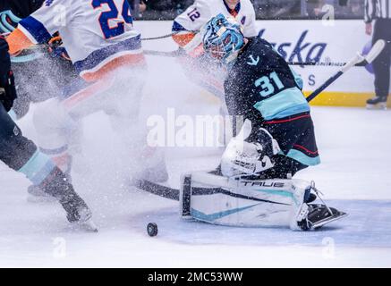 Seattle Kraken goalkeeper Philipp Grubauer is pictured before an NHL ...