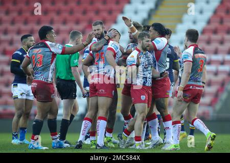 The Leigh Leopards squad celebrate a Leeds knock on during the Rugby ...