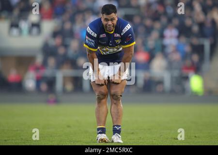 Sam Lisone #15 of Leeds Rhinos gestures to the crowd after the Rugby ...