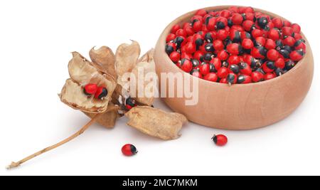 Abrus precatorius or Indian liquorice Seeds over white background Stock ...