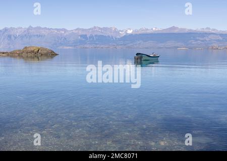 Fishing boat on Lago General Carrera near Puerto Rio Tranquilo, Chile ...