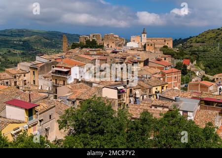 View of the houses of the small town of Collesano, situated on a hill ...