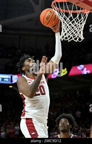 Arkansas forward Kamani Johnson (20) drives past a Missouri defender ...
