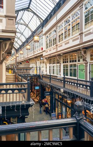 View from the balcony inside the Victorian High Street Arcade, Cardiff ...