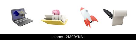 3d render brain, paper, rocket and brain in folder on white background ...