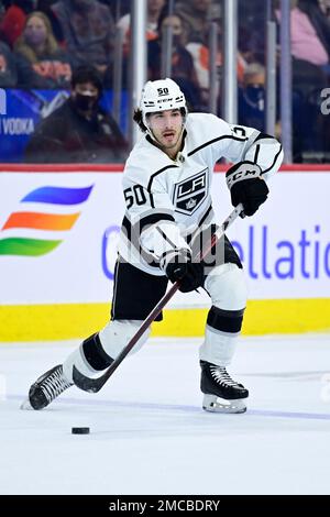 Los Angeles Kings' Sean Durzi reacts after the Kings won an NHL hockey ...