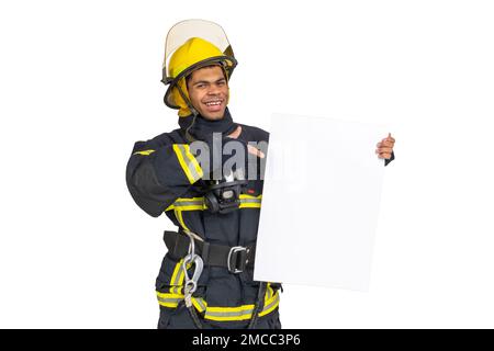 Fireman holding blank paper sheet in hands Stock Photo - Alamy